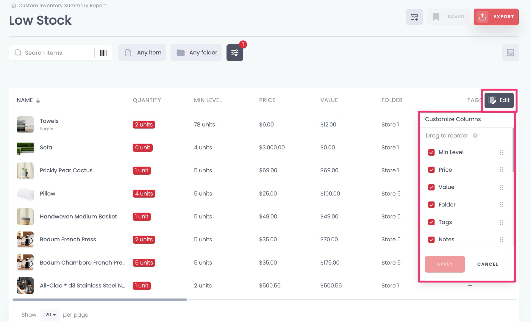 Low Stock Report – Sortly Support