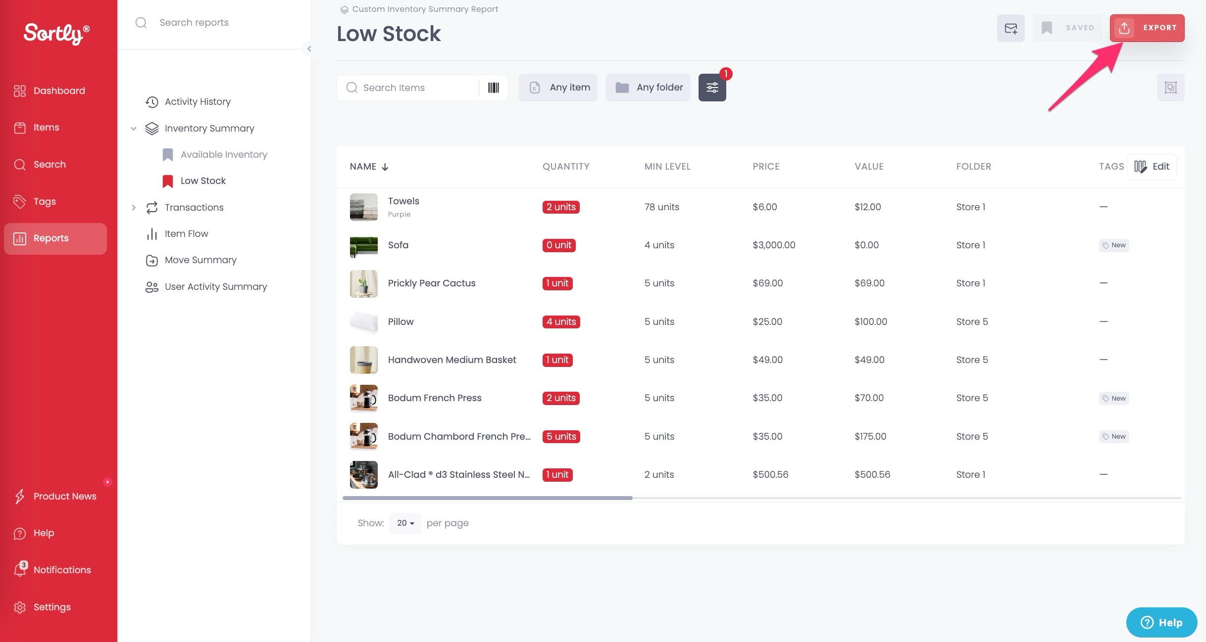 Low Stock Report – Sortly Support
